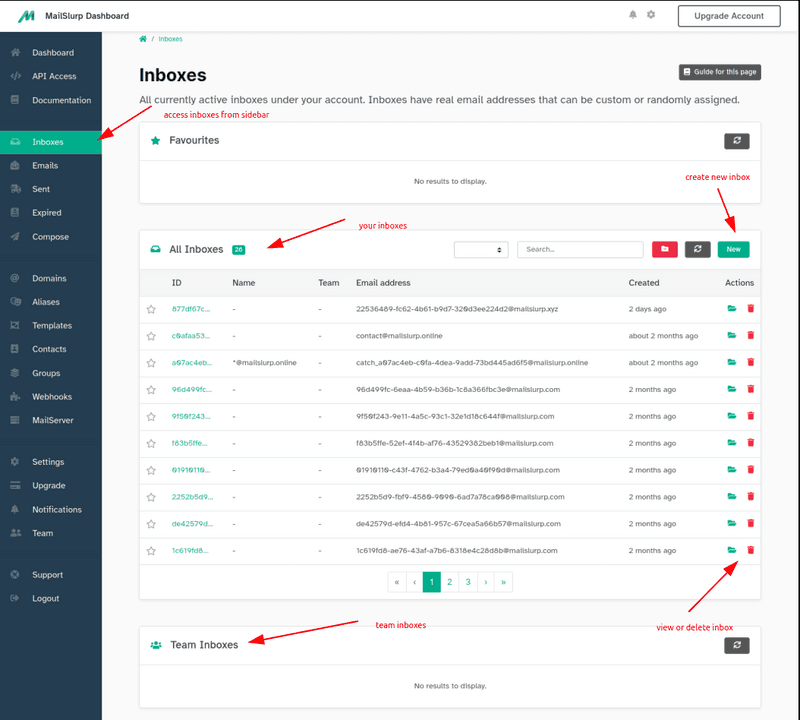 View and manage inboxes and mailboxes in MailSlurp webapp